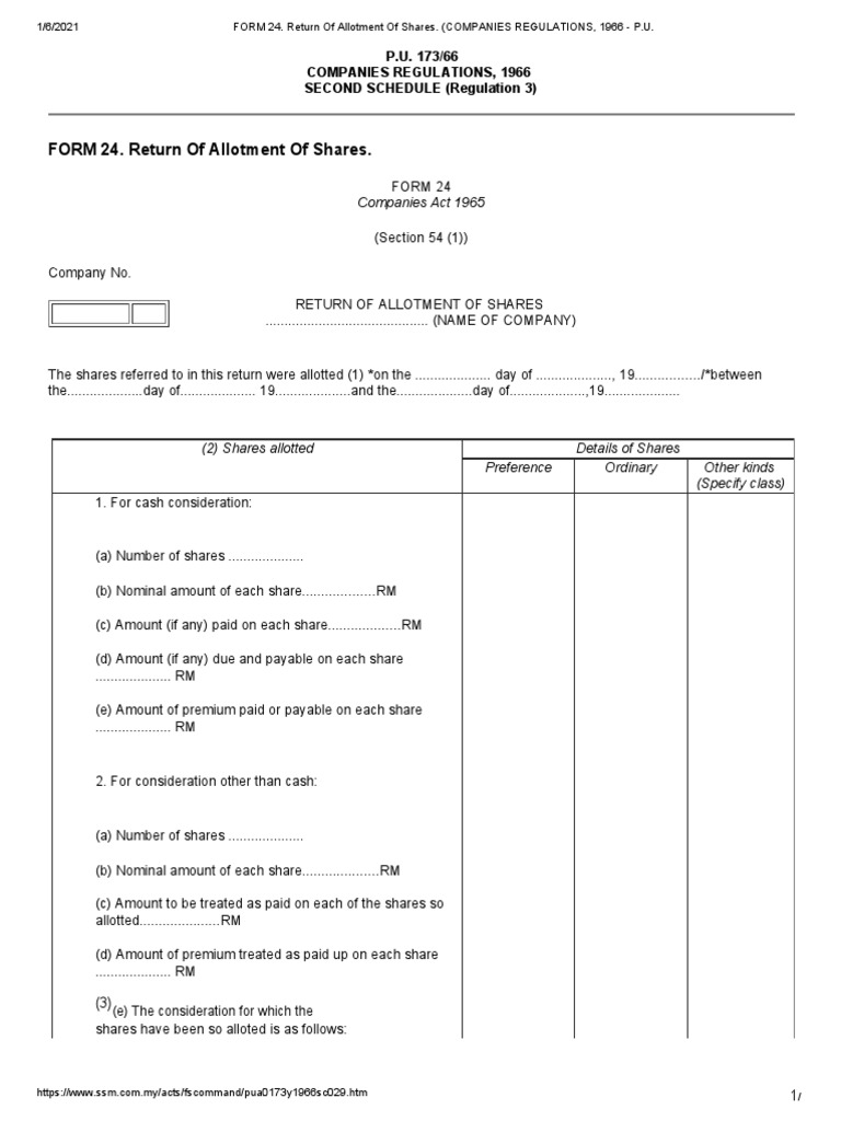 FORM 24. Return of Allotment of Shares. (COMPANIES REGULATIONS, 1966 ...