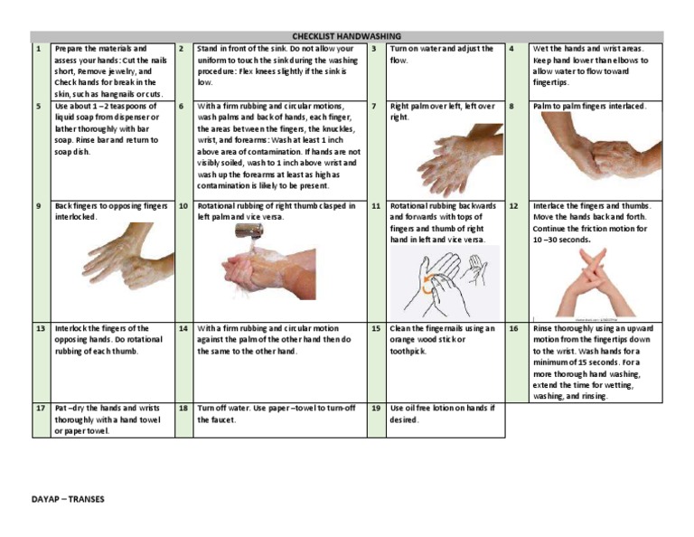 Handwashing Checklist | Download Free PDF | Hand Washing | Finger