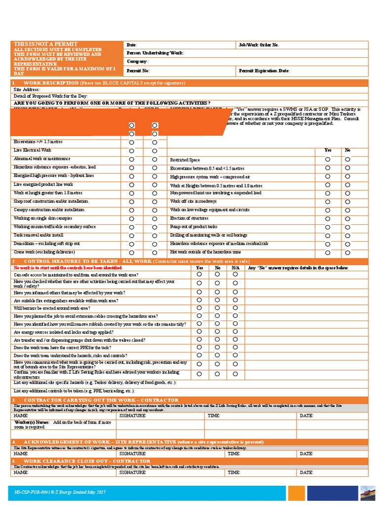 Work Clearance Form Oct 17 | PDF | Hazards | Personal Protective Equipment