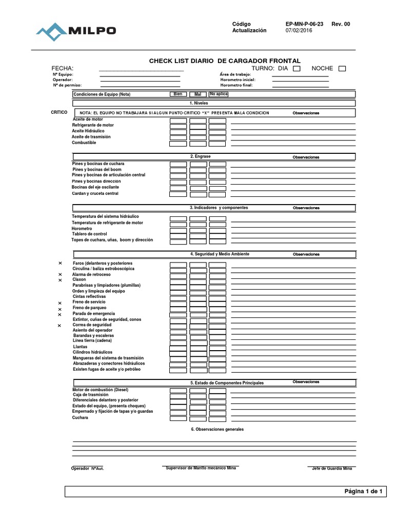 Check List Diario Cargador Frontal | PDF | Industria automotriz ...
