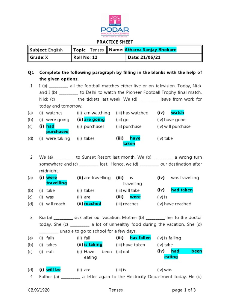 English Tenses Practice Sheet | PDF