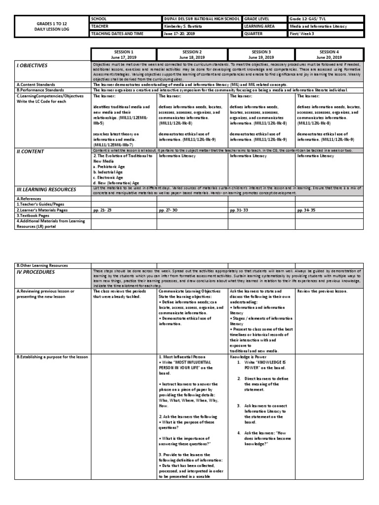 Grade 12 Media Literacy Lesson Plan | PDF | Information Literacy | Learning
