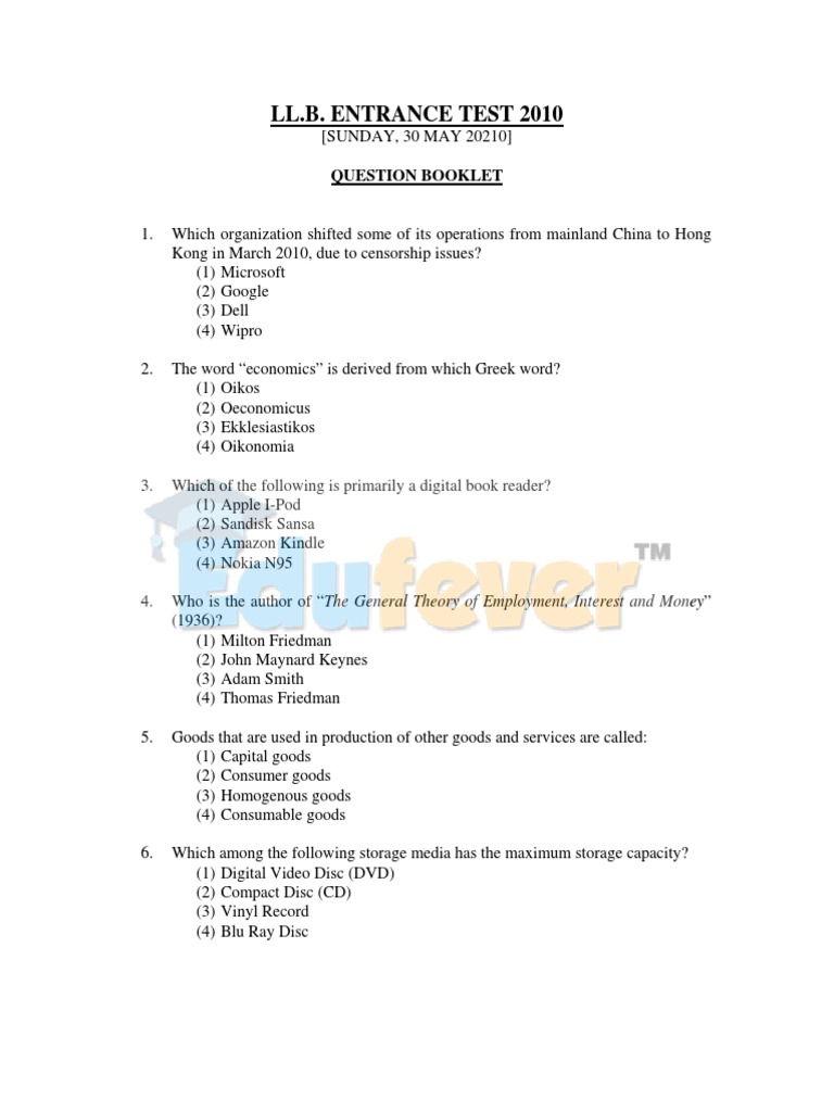 82 - DU LLB Entrance Exam Question Paper 2010 - Watermark | PDF ...