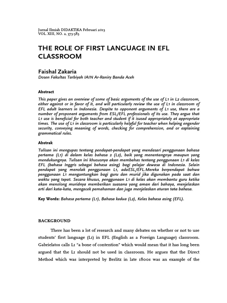 The Role of First Language in Efl Classroom: Faishal Zakaria | PDF ...