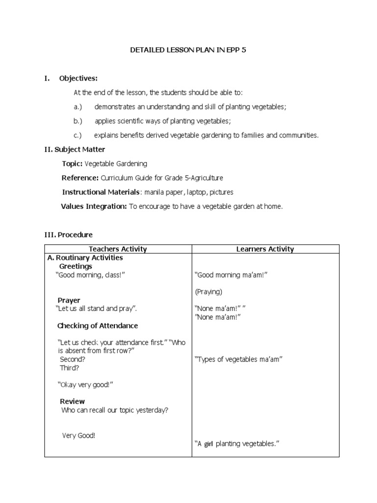 Epp Lesson Plan | PDF | Mulch | Vegetables