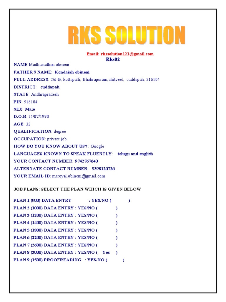 Kondaiah Obineni: Job Plans: Select The Plan Which Is Given Below | PDF ...