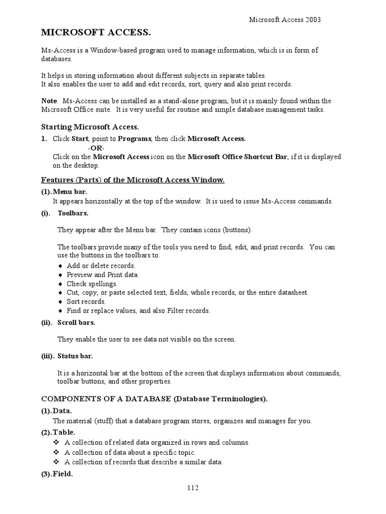 Ms Access Notes PDF Microsoft Access Databases