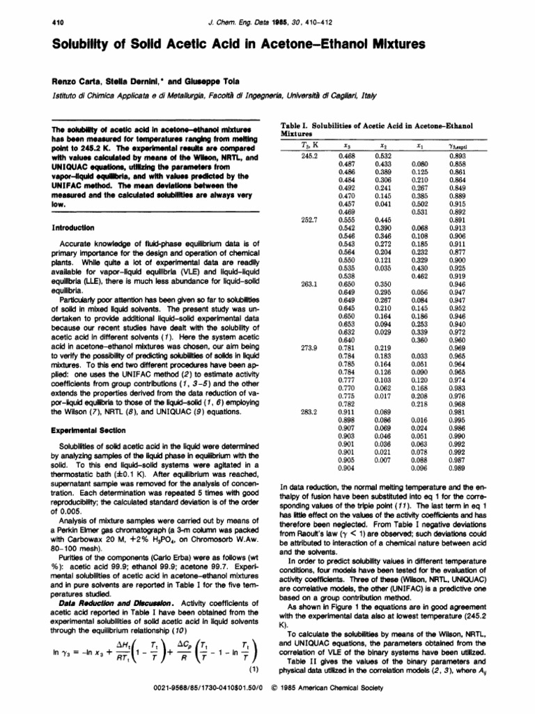 Solubility of Acetic Acid in ACETONEcarta1985 | PDF | Physical ...
