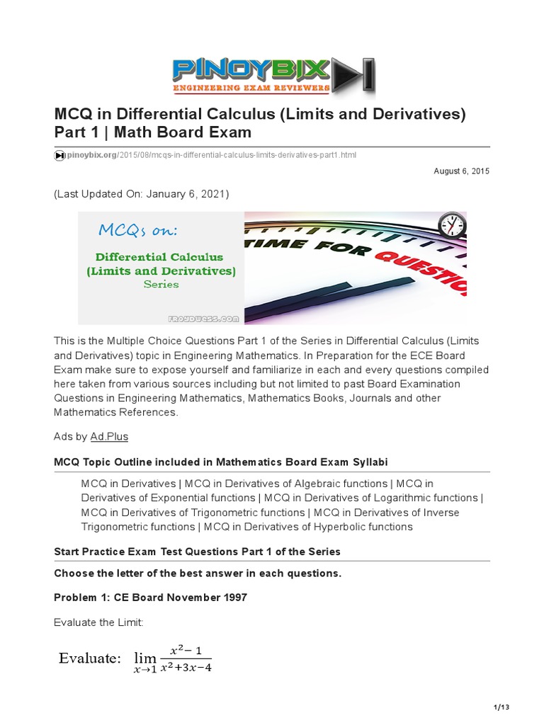 MCQ in Differential Calculus (Limits and Derivatives) Part 1 - Math ...