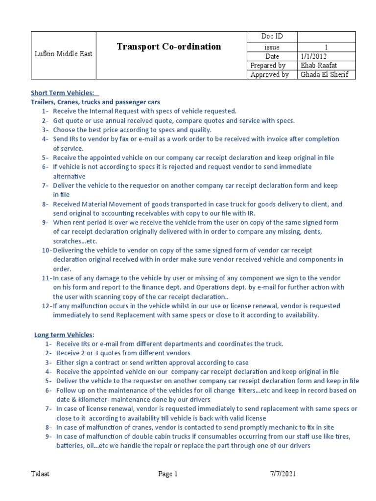 10-Transport Co-Ordination Procedures | PDF | Land Transport | Land ...
