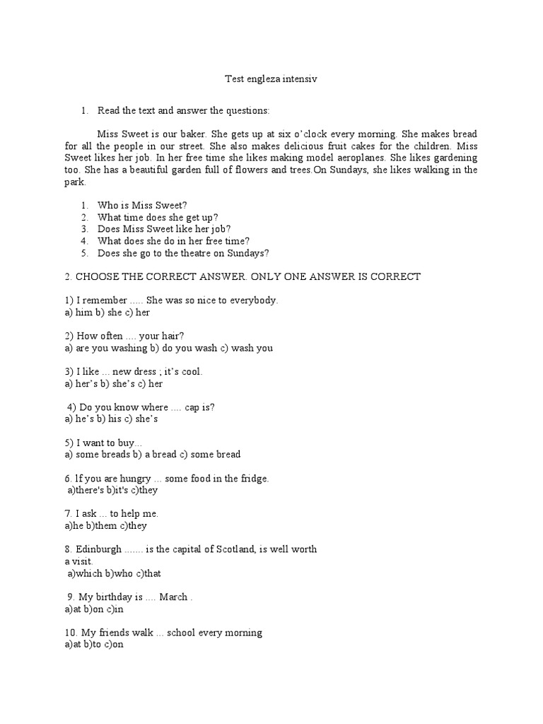 Test Engleza Intensiv 4 | PDF