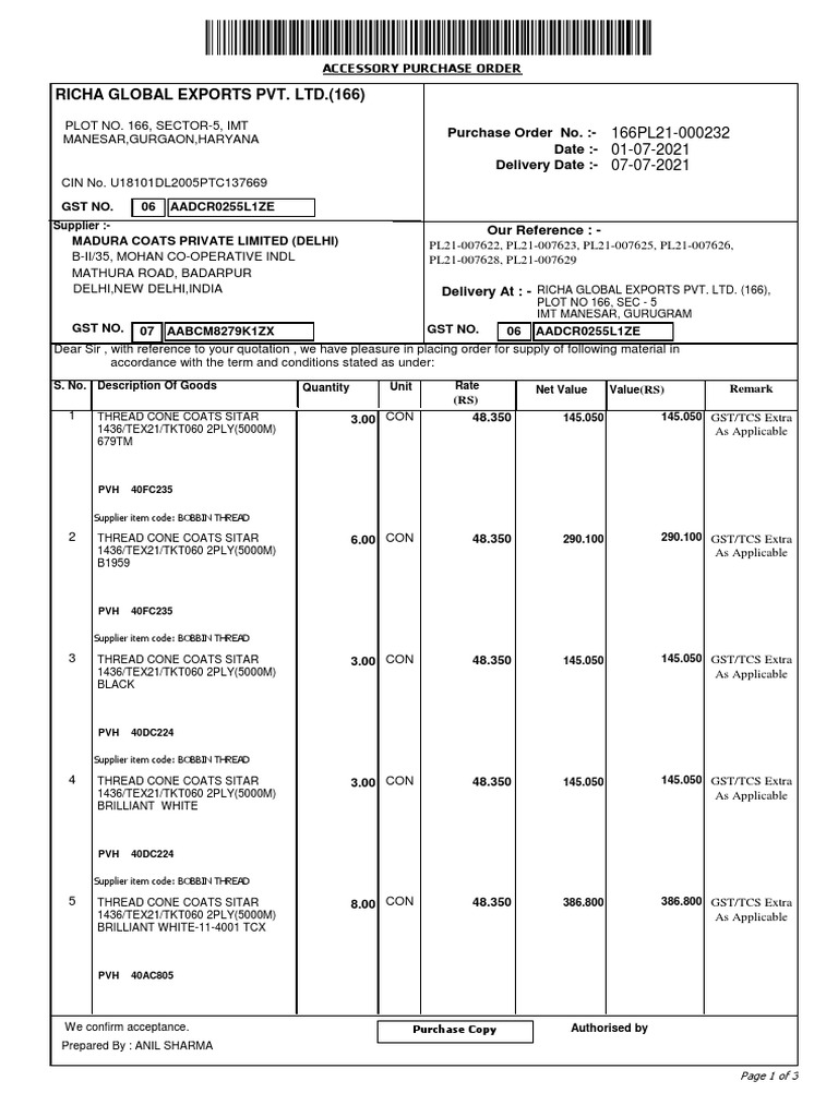 Richa Global Exports Pvt. Ltd. (166) : AADCR0255L1ZE GST No. 06 | PDF ...