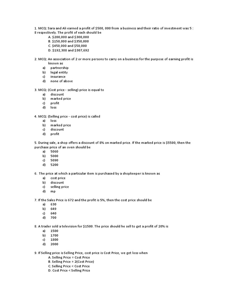 Business Math Practice Questions | PDF | Prices | Sales