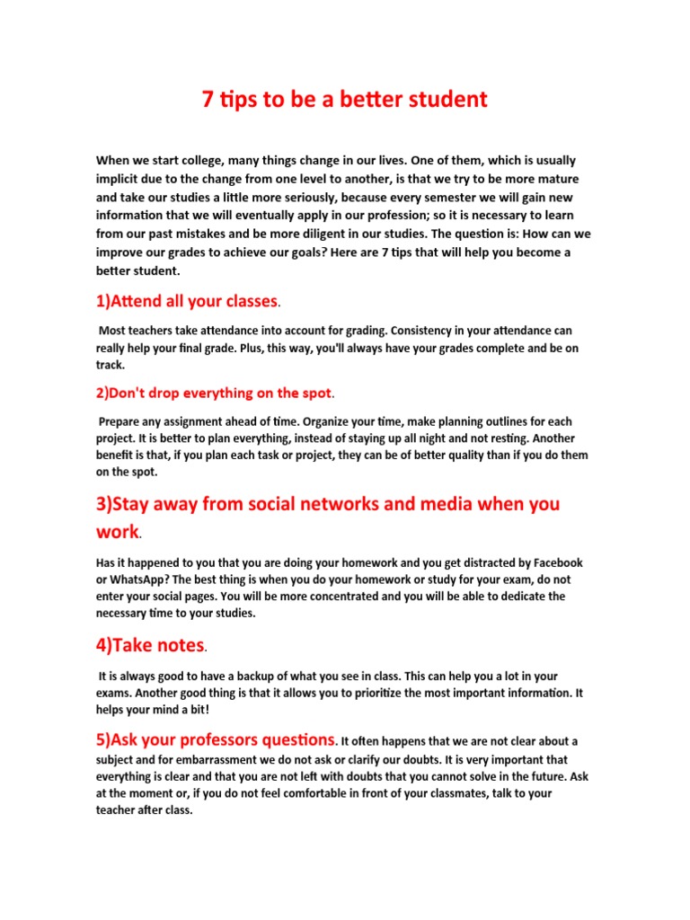 7 Tips To Be A Better Student | PDF | Homework | Human Nature