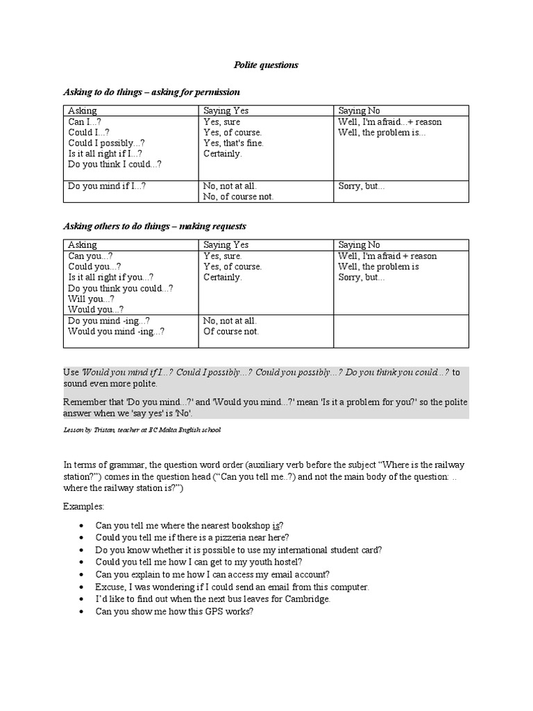 Polite Questions Asking To Do Things - Asking For Permission | PDF