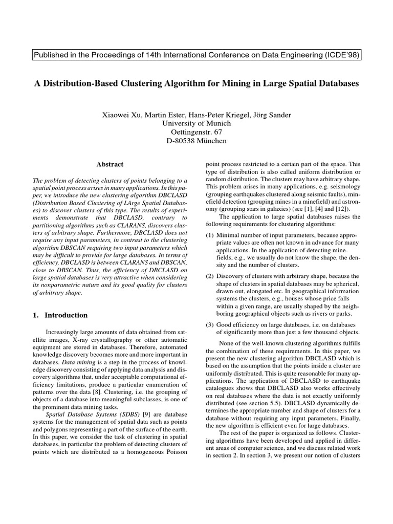 A Distribution-Based Clustering Algorithm For Mining in Large Spatial Databases | PDF | Cluster ...