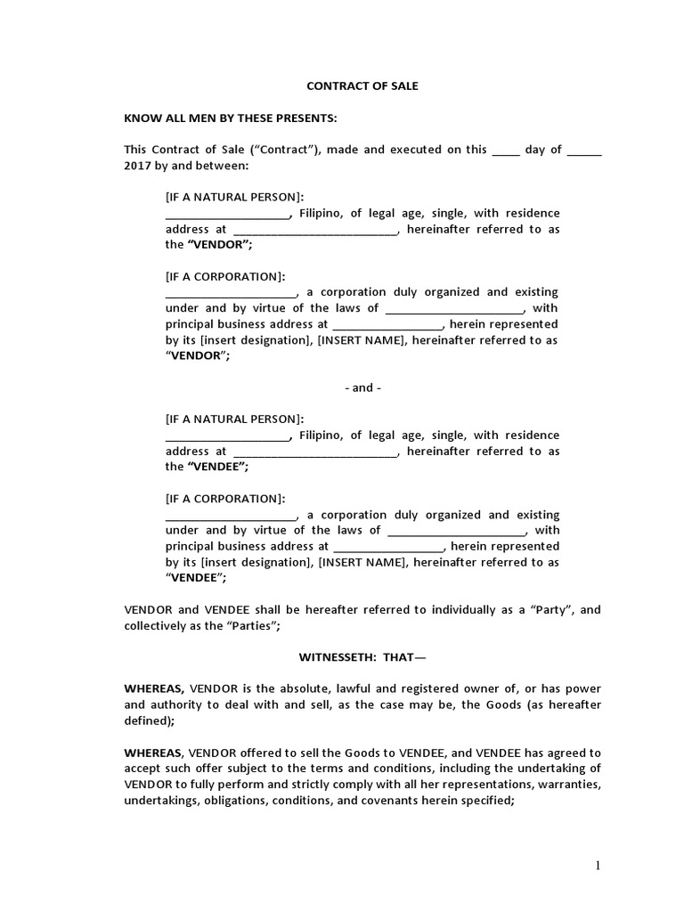 Sample Contract of Sale (Personal Property) | PDF | Bankruptcy | Breach ...