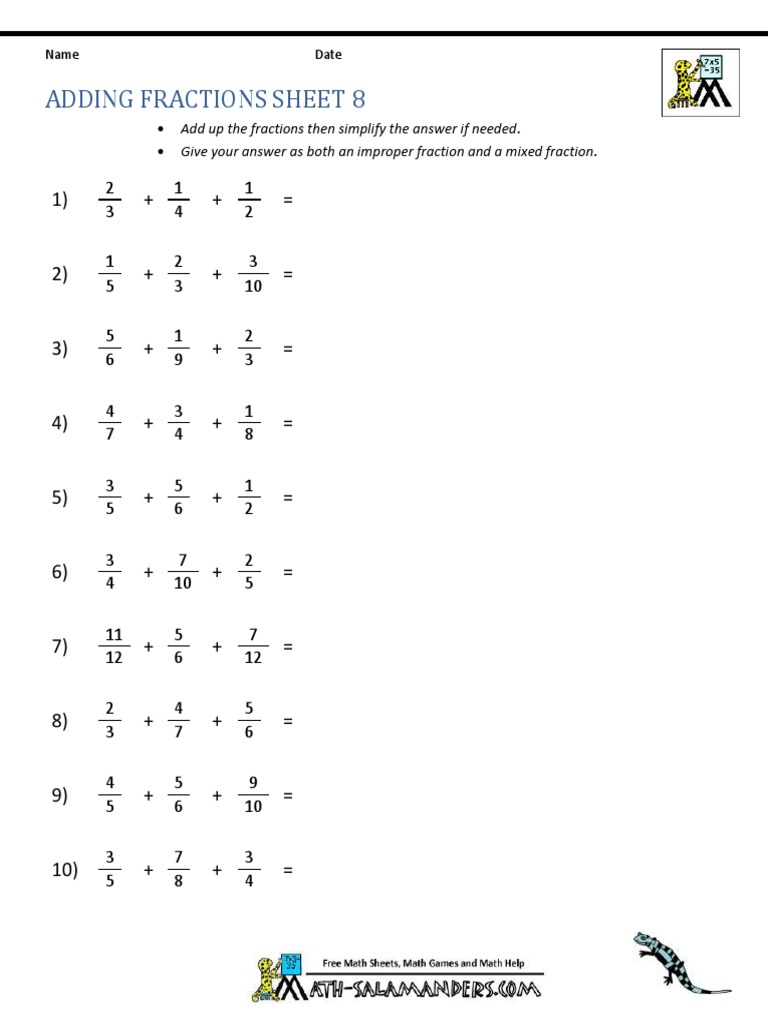Adding Fractions Sheet 8 | PDF