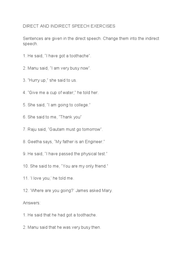Direct and Indirect Speech Exercises | PDF