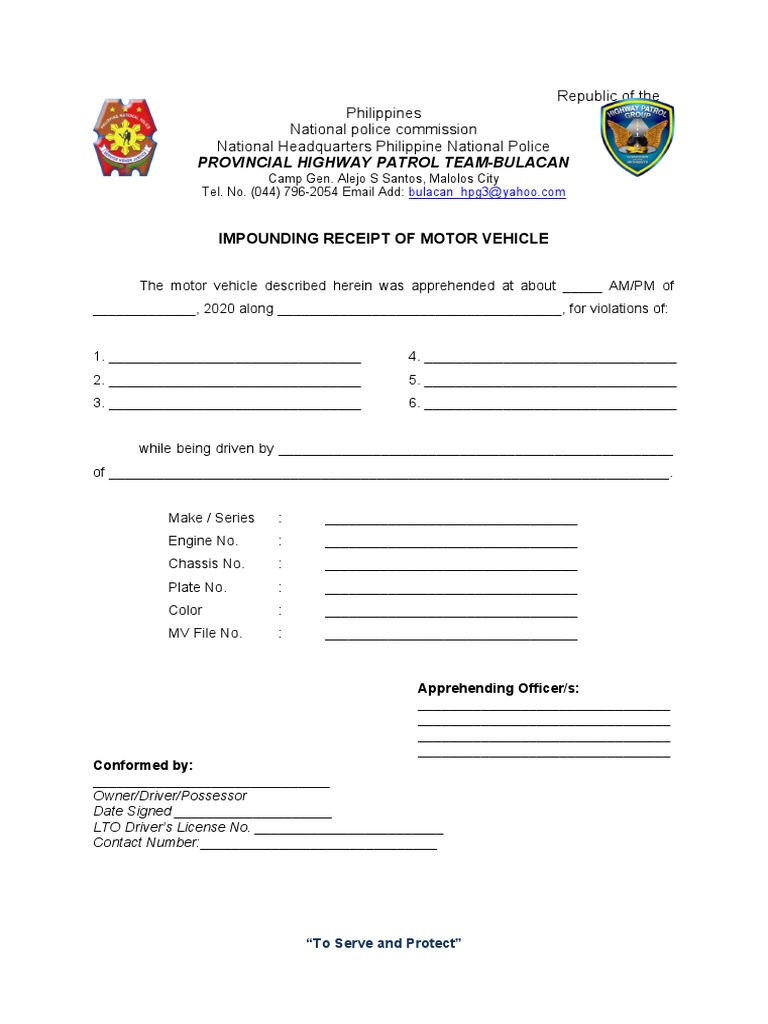 Philippine Police Impound Vehicle Receipt | PDF | Air Conditioning | Brake
