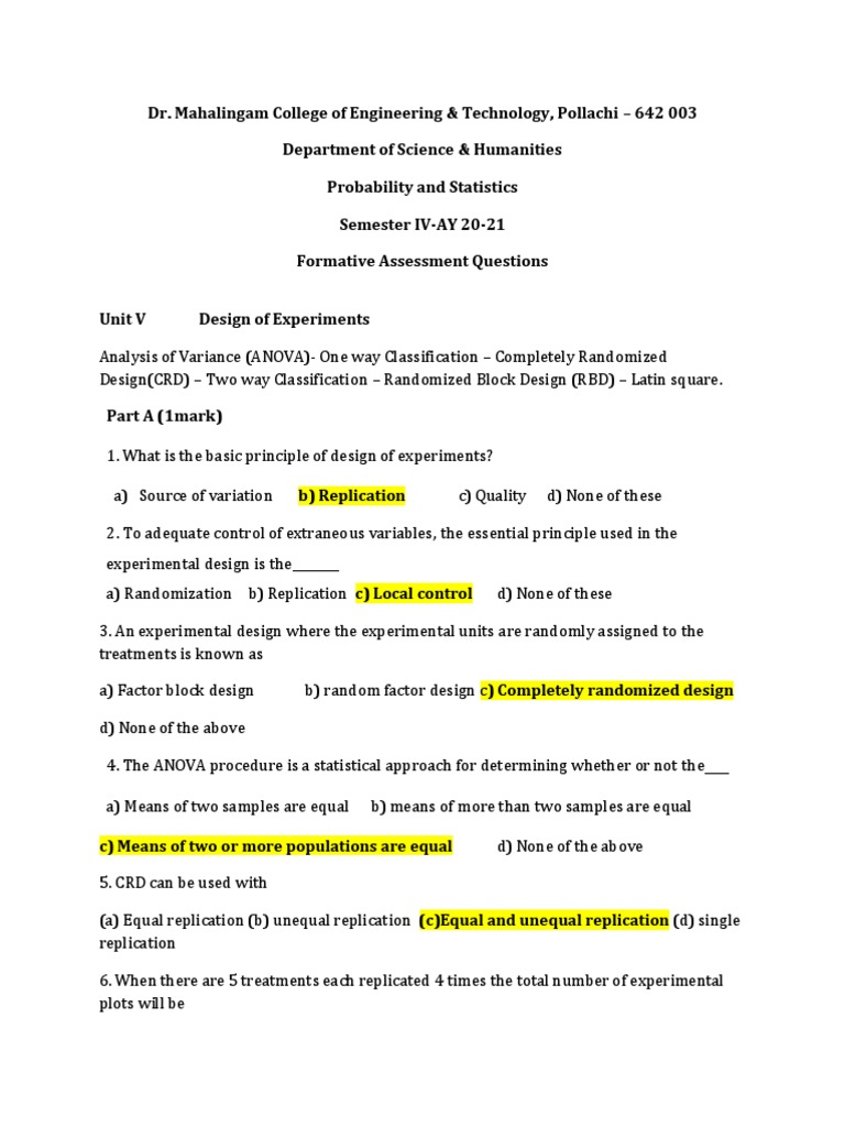 P&S MCQ U 5 | PDF | Analysis Of Variance | Degrees Of Freedom (Statistics)