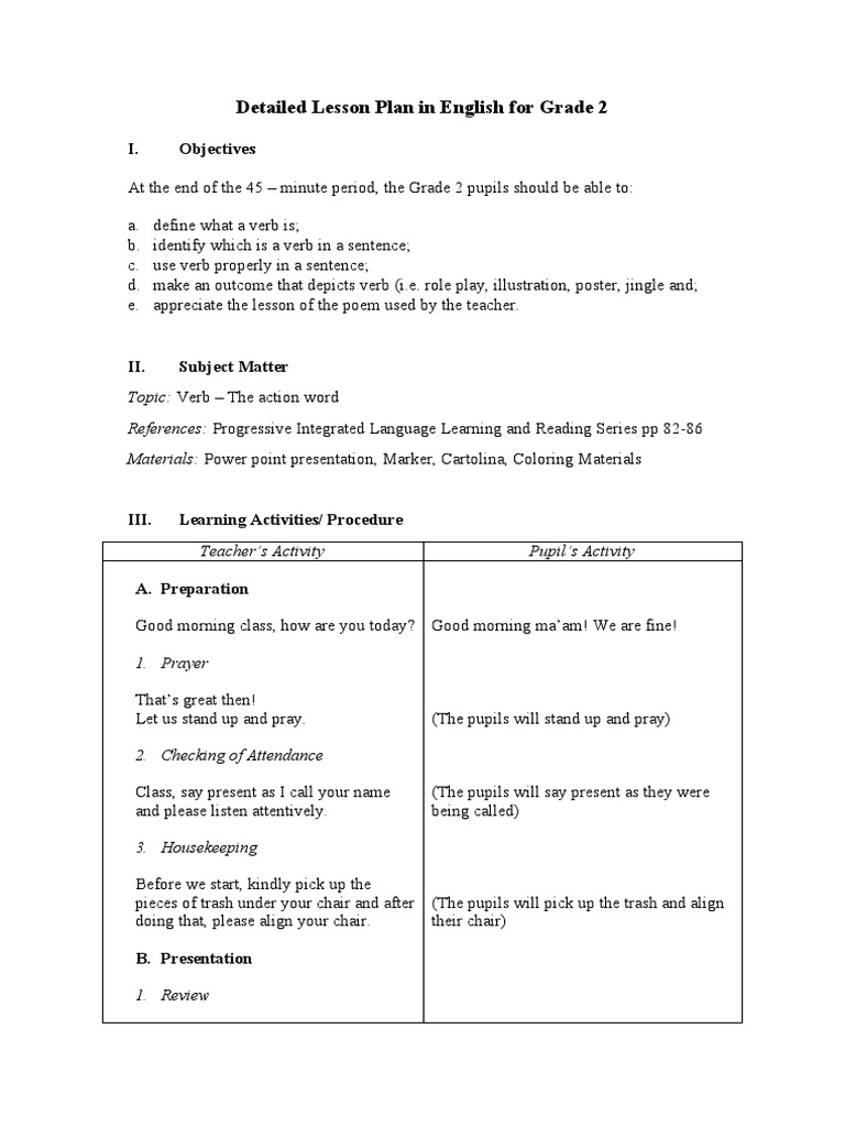 Detailed Lesson Plan in English For Grade 2: I. Objectives | PDF | Verb ...