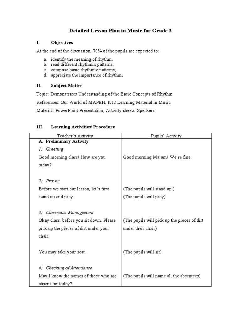 Grade 3 Music Lesson Plan: Rhythm | PDF | Rhythm | Communication