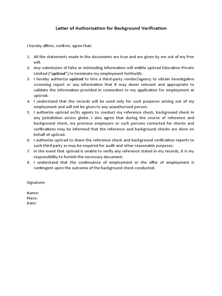 Letter of Authorization (LOA) For Background Verification | PDF