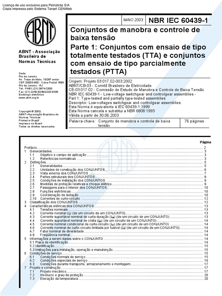 NBR IEC 60439-1 - 2003 - Conjunto de Manobra e Controle de Baixa Tensão ...