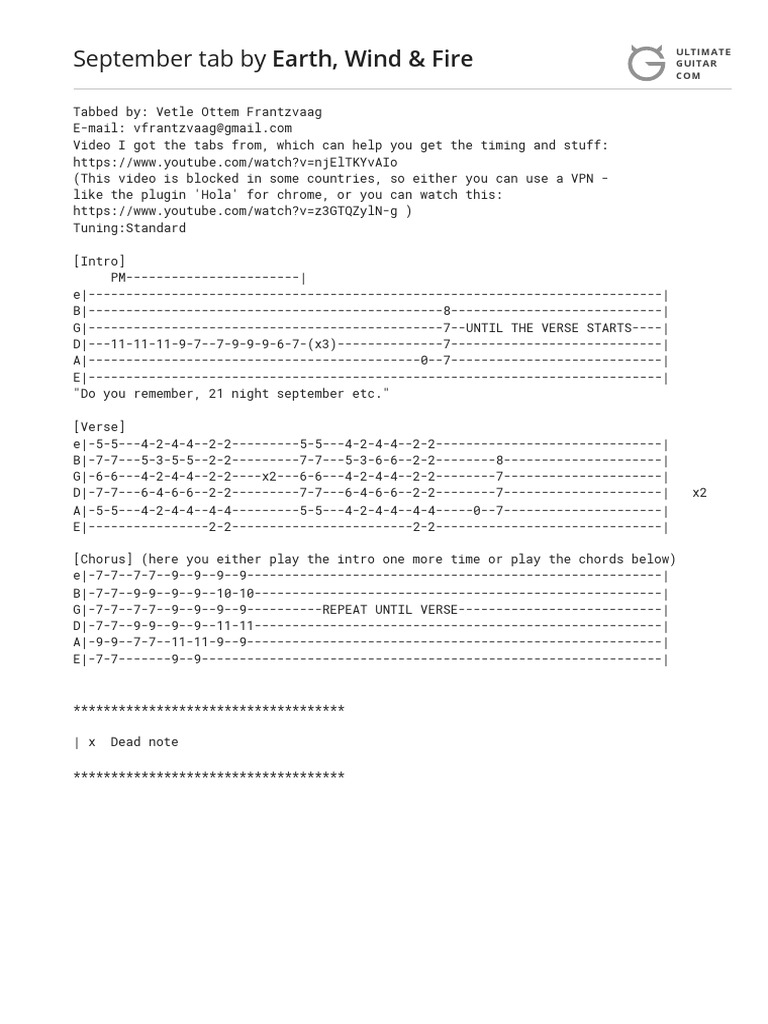 September Tab (Ver 4) by Earth, Wind & Firetabs at Ultimate Guitar ...