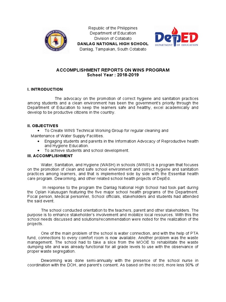 WINS Program Accomplishment Report 2018-2019 | PDF | Wash | Hygiene
