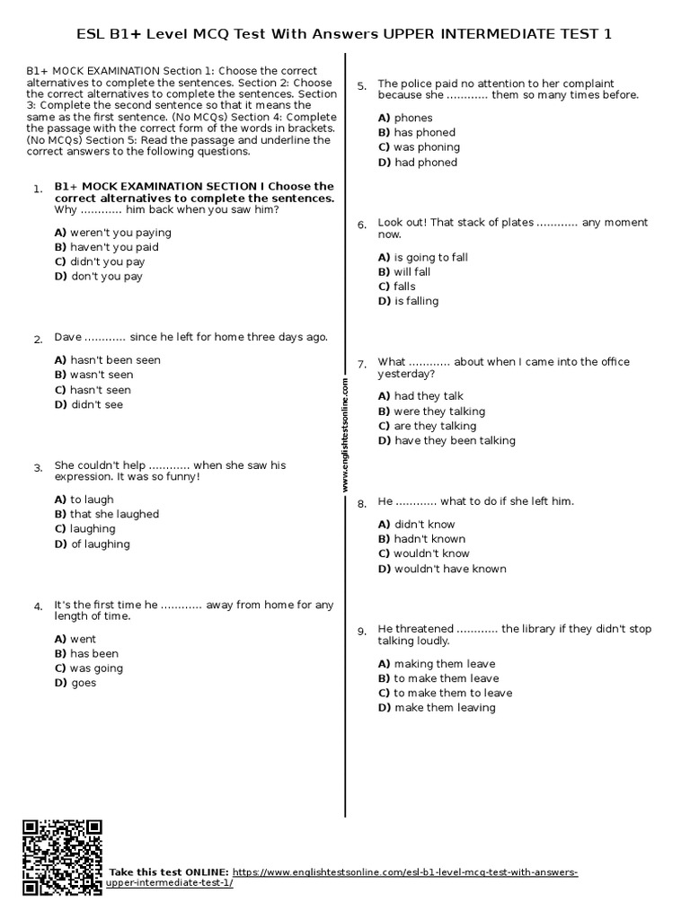 682 - Esl b1 Level MCQ Test With Answers Upper Intermediate Test 1 ...
