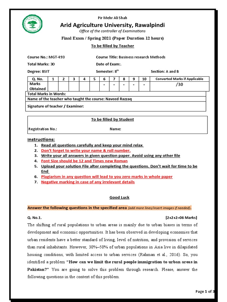 Arid Agriculture University, Rawalpindi: Nstructions | PDF | Test ...