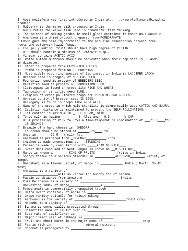 Agriculture Fill in The Blanks | PDF | Mango | Pomegranate