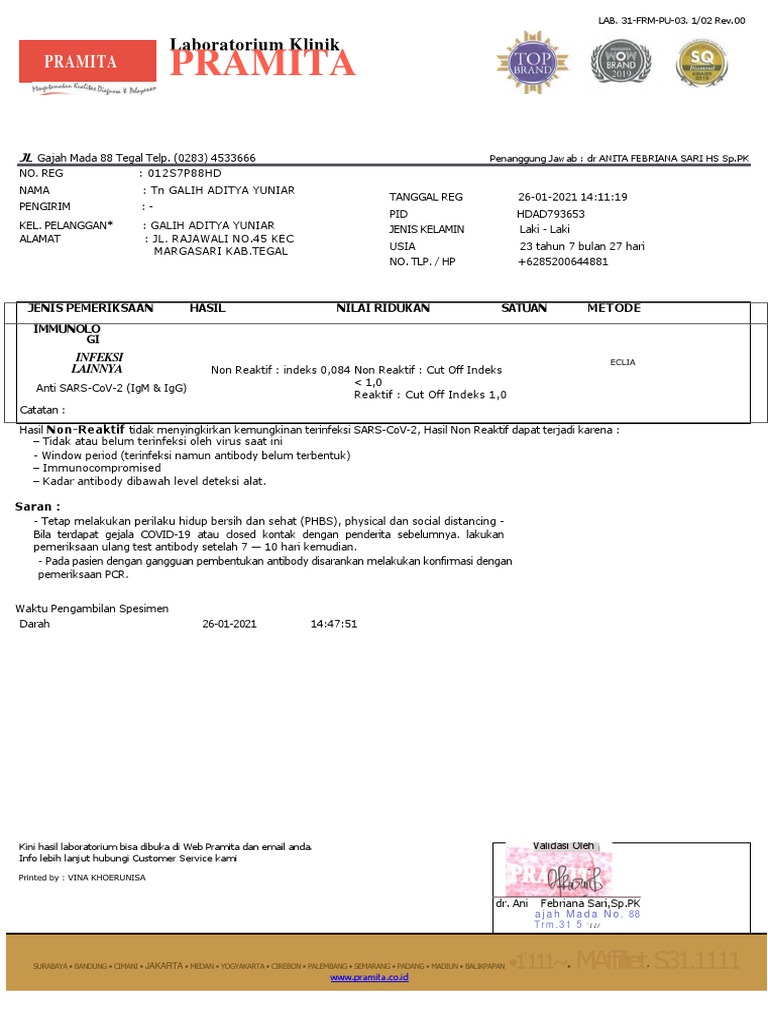 Hasil Tes Antibody COVID-19 Non-Reaktif | PDF