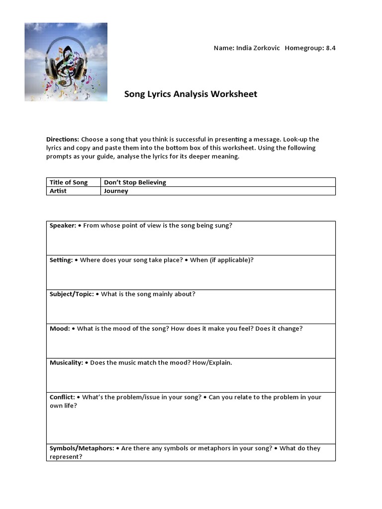 Song Lyrics Analysis Worksheet | PDF | Lyrics | Entertainment (General)