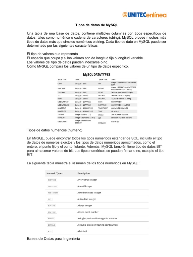2 - Tipos de Datos de MySQL | PDF
