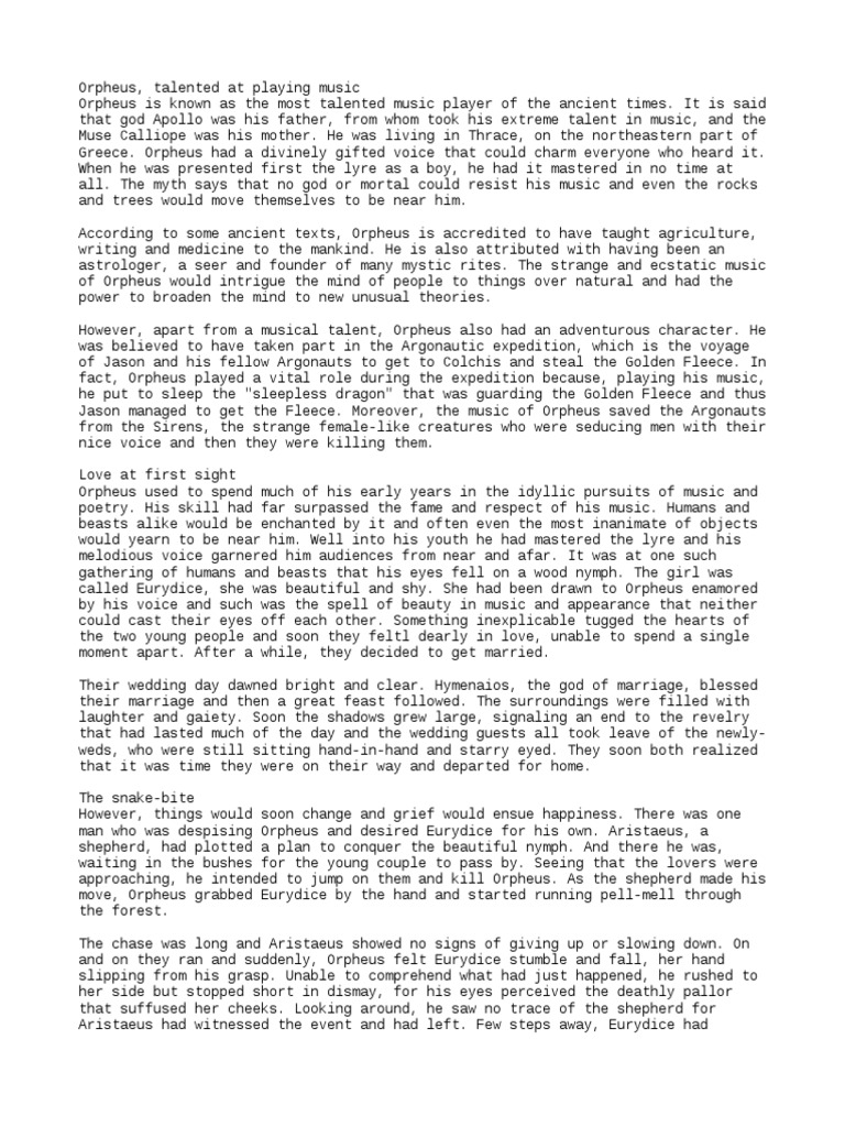 The Story Of Orpheus And Eurydice Pdf Orpheus Hades