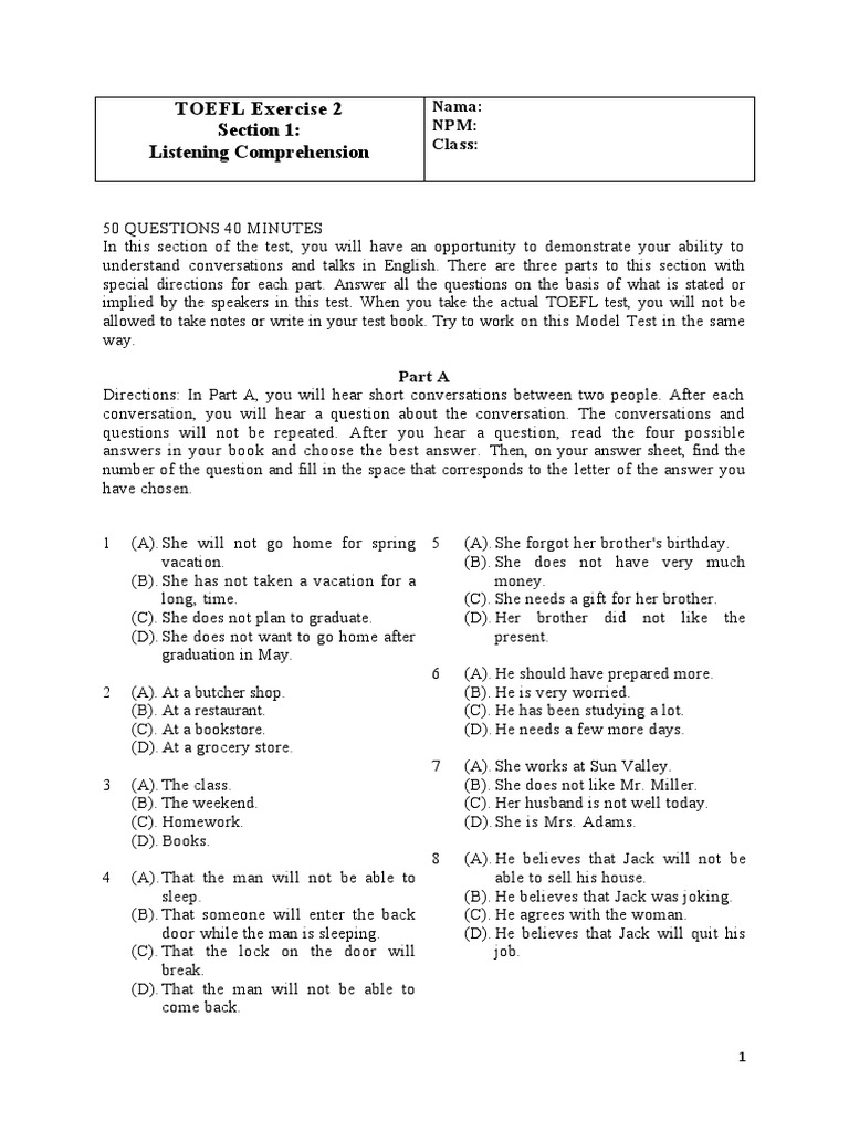 TOEFL Listening Comprehension Practice | PDF | Test Of English As A ...