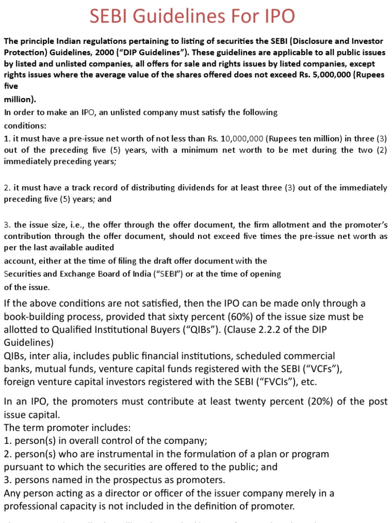 SEBI Guidelines For IPO | PDF | Securities (Finance) | Initial Public ...