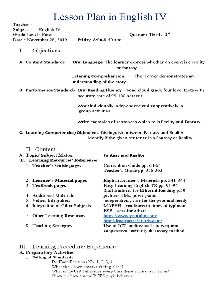 Lesson Plan Observation 3rd Grading - REALITY | PDF | Lesson Plan ...