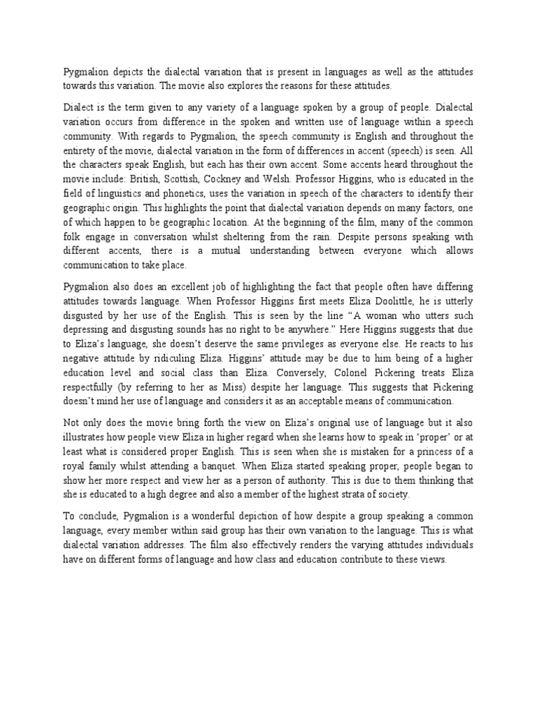 Communication Essay On Language Variation and Attitudes in Pygmalion ...