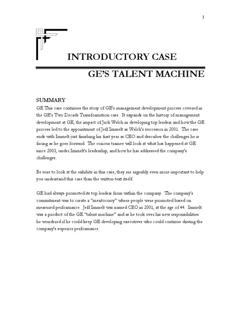Introductory Case Ge'S Talent Machine | PDF | General Electric | Leadership