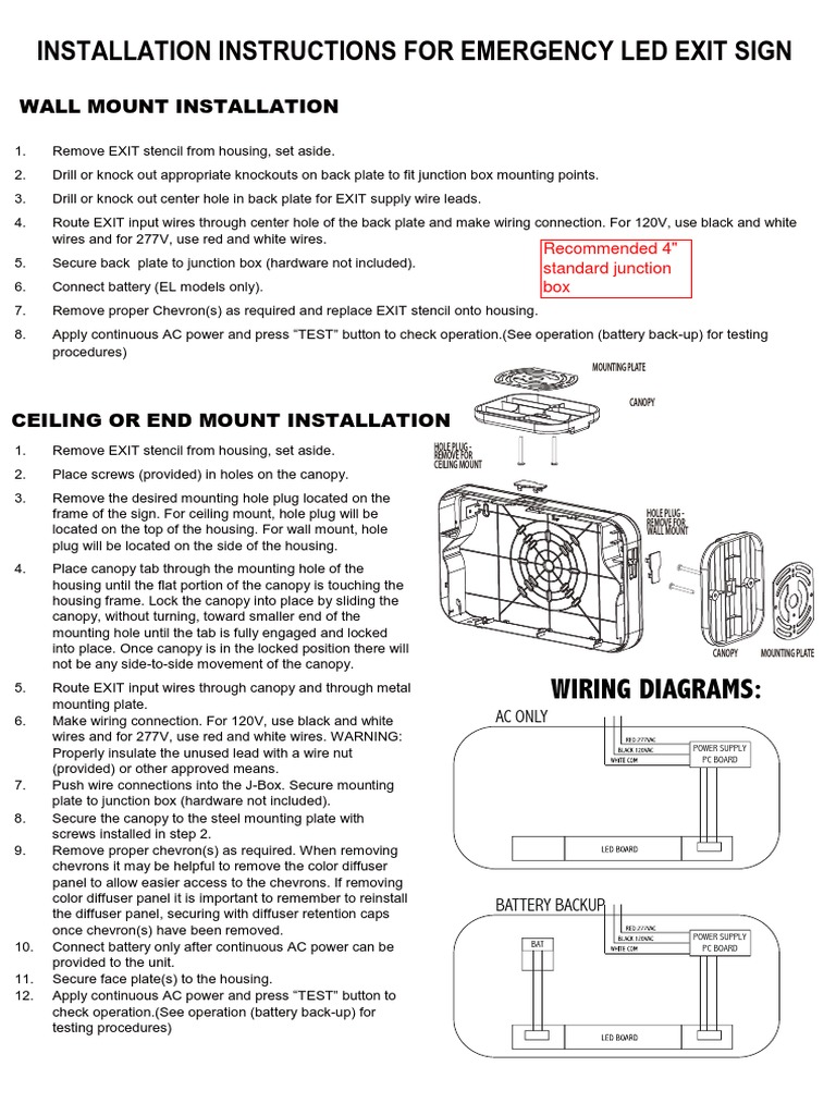Installation Instructions For Emergency Led Exit Sign: Wiring Diagrams ...