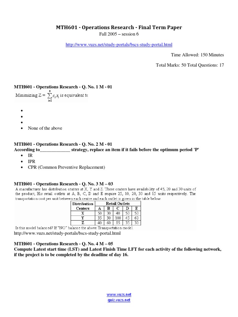 MTH601 Operations Research Final Exam | PDF | Mathematical Optimization ...