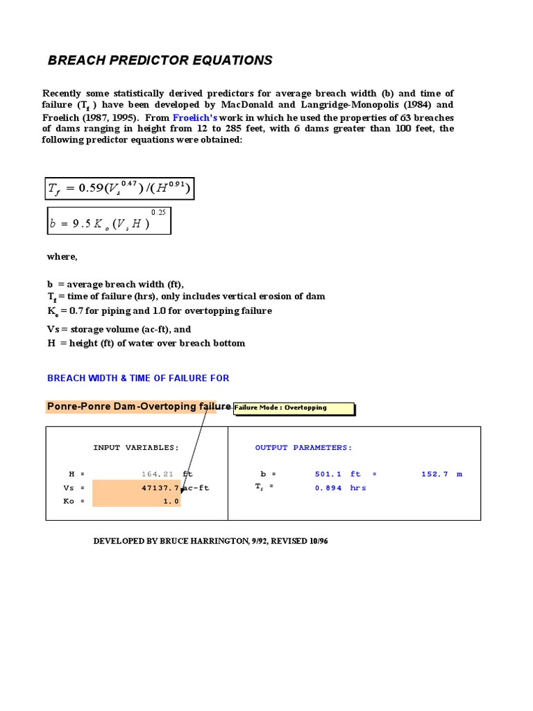Breach Predictor Equations: Froelich's | PDF | Dependent And ...