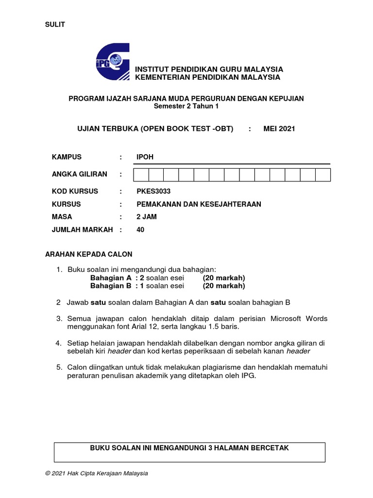 Soalan Obt 2021 Pemakanan Dan Kesejahteraan Pkes3033 | PDF
