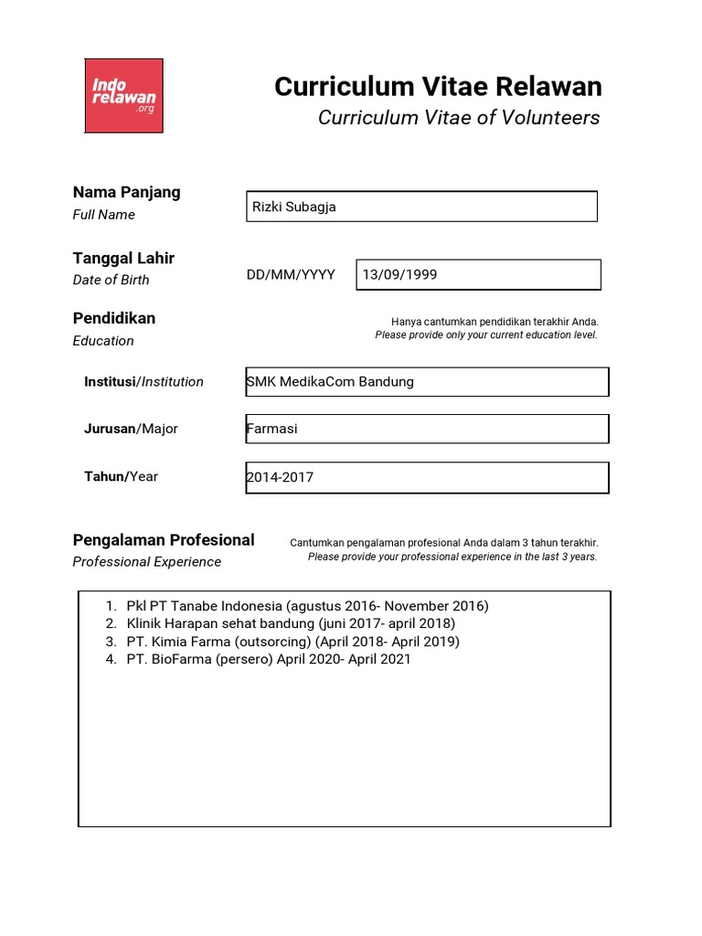 Curriculum Vitae Relawan | PDF