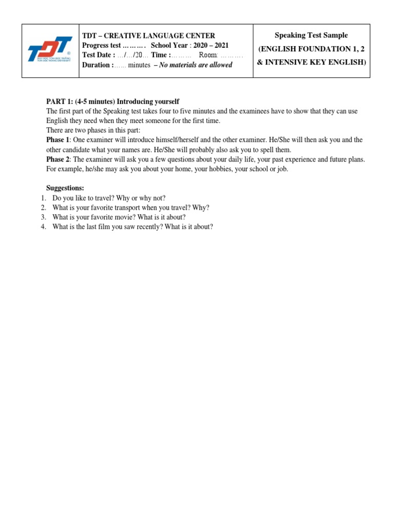 A2 Speaking Test SAMPLE | PDF
