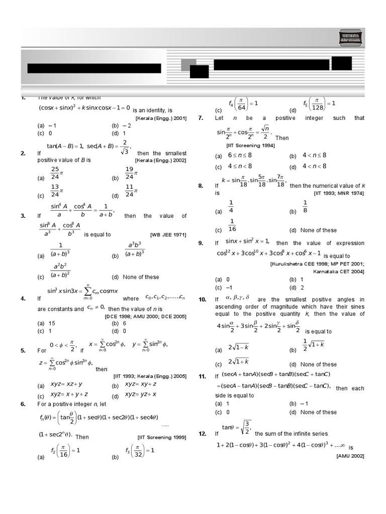 Trigonometric Ratios and Identities Quiz | PDF | Trigonometry | Triangle